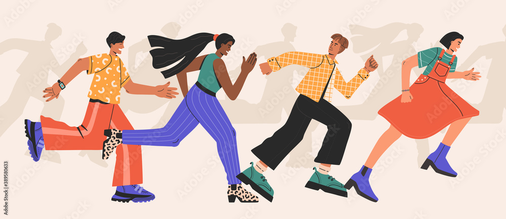 Races of man and woman, war of the sexes, a group of people running ...