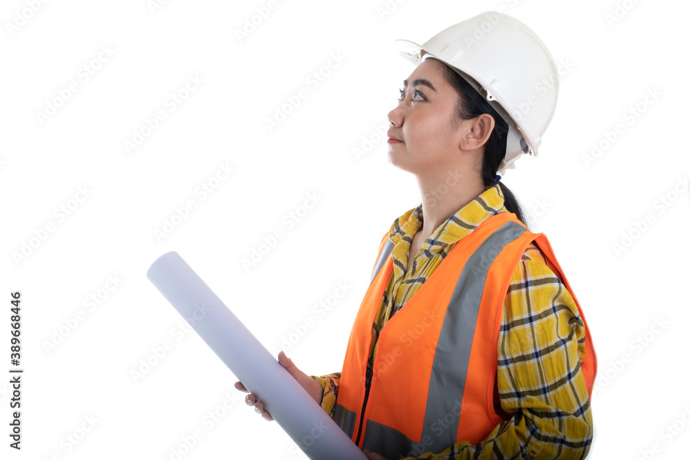 Portrait beautiful young Asia woman civil engineer holding plan drawing ...