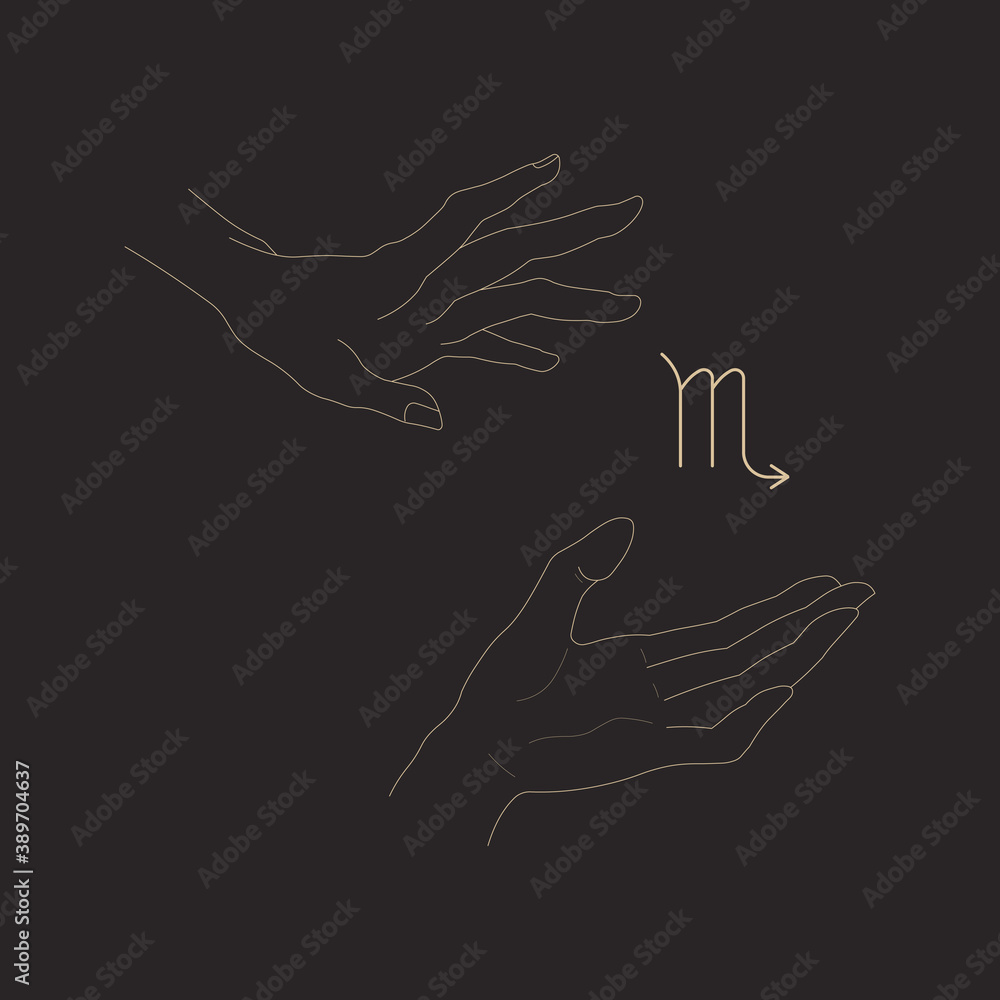 Hands hold scorpio zodiac glyph. Gesture shows astrological symbol ...