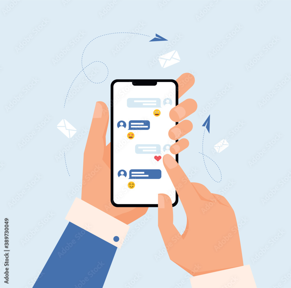 Hand holds smartphone with text messages, mobile chat app. Social ...