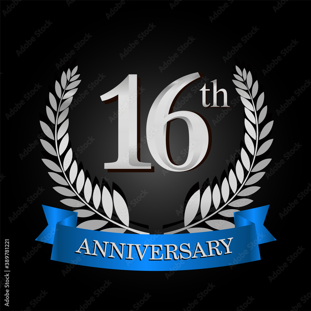 16th anniversary logo with blue ribbon and laurel wreath, vector ...