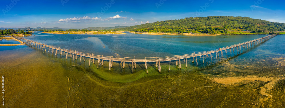 Aerial view of Ong Cop or Mr Tiger wooden bridge at Phu Yen, Vietnam ...