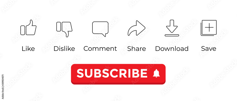 Icon Set for Channel. Like, Dislike, Comment, Share, Download, Save, and Red Subscribe Button ...