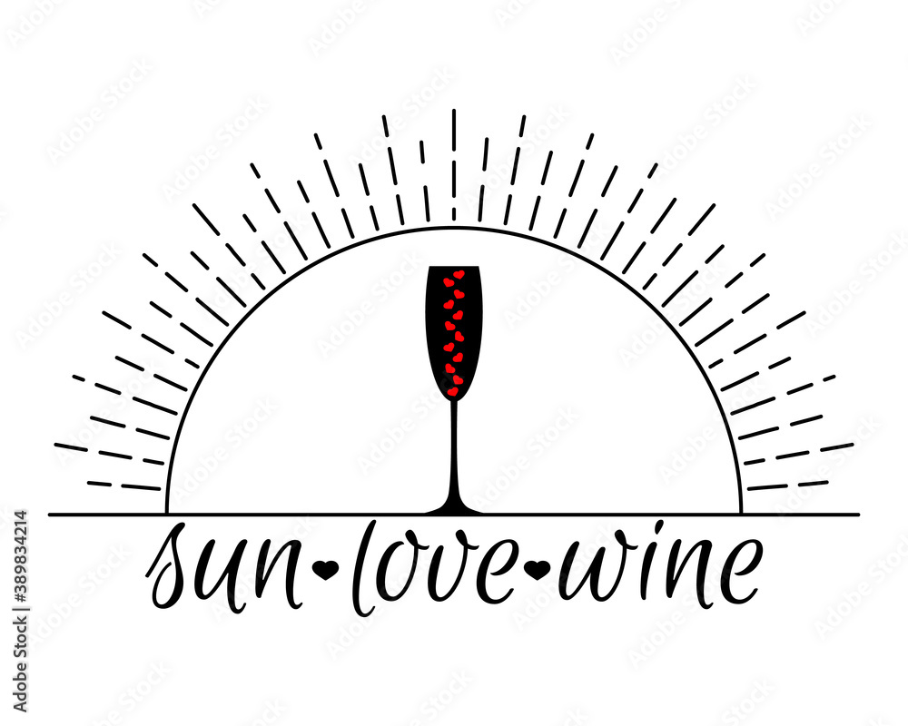 Sun with rays, wine glass champagne with hearts inside. Design for ...