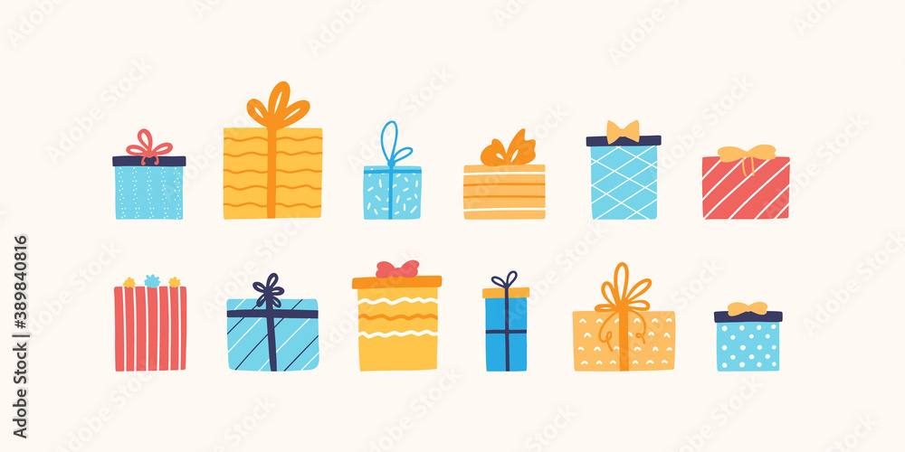 Collection of bright beautiful presents, gift boxes with different ...