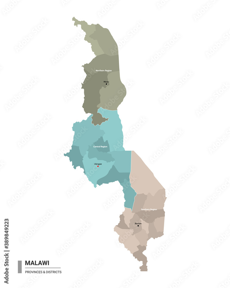 Malawi higt detailed map with subdivisions. Administrative map of ...