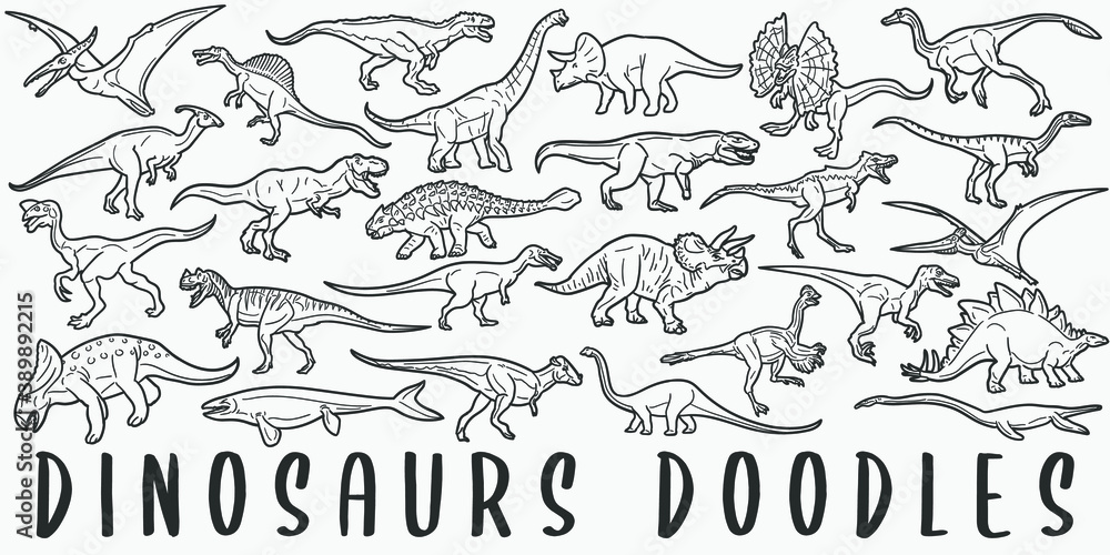 Dinosaurs doodle icon set. Prehistoric Animals Vector illustration ...