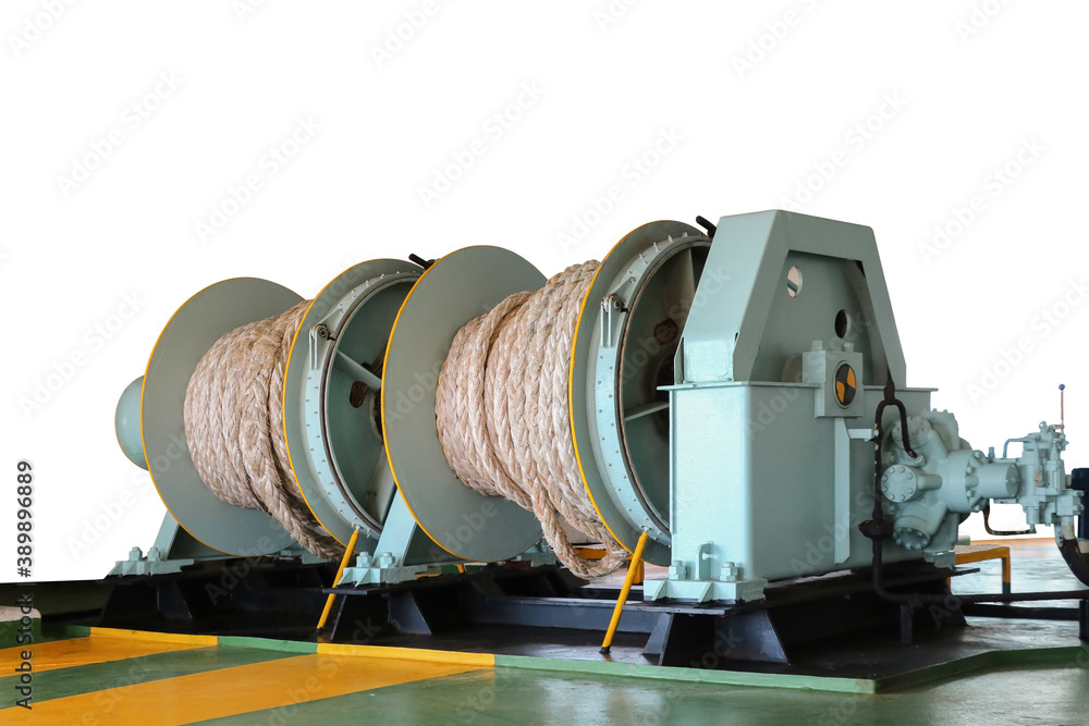 Mooring winch of large ship with rope in drum isolated on white ...