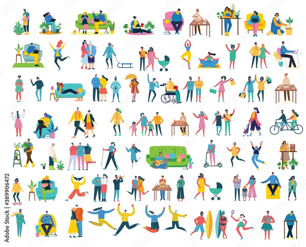 Vector illustration backgrounds in flat design of group people doing ...