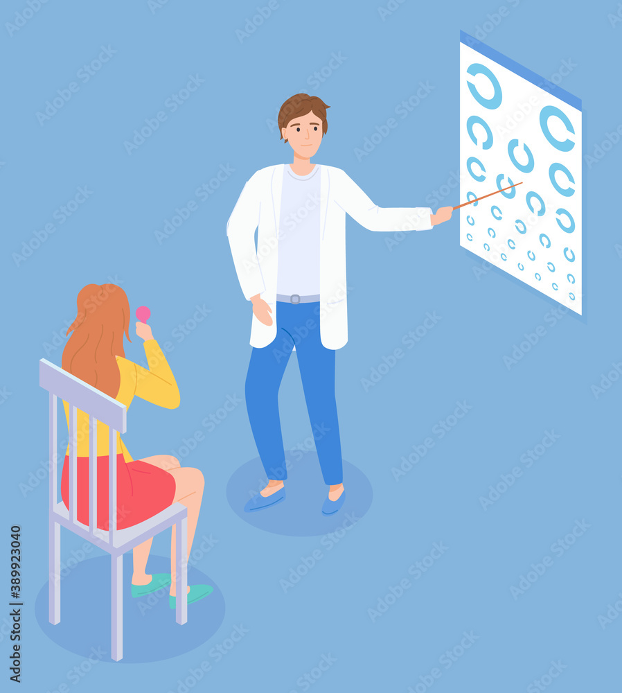 Oculist diagnoses young girl s vision, points to eye test chart. C ...