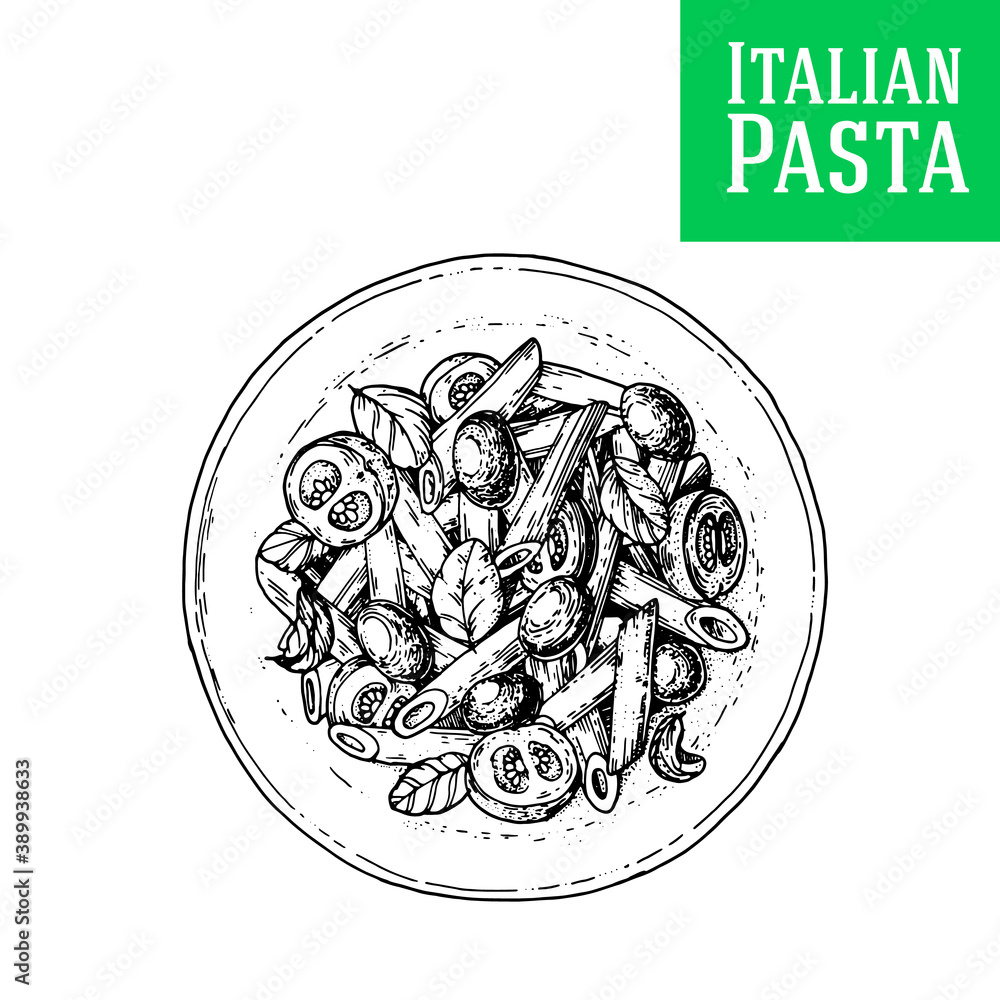 Penne pasta dish vector illustration. Italian cuisine. Pasta dish. Hand ...