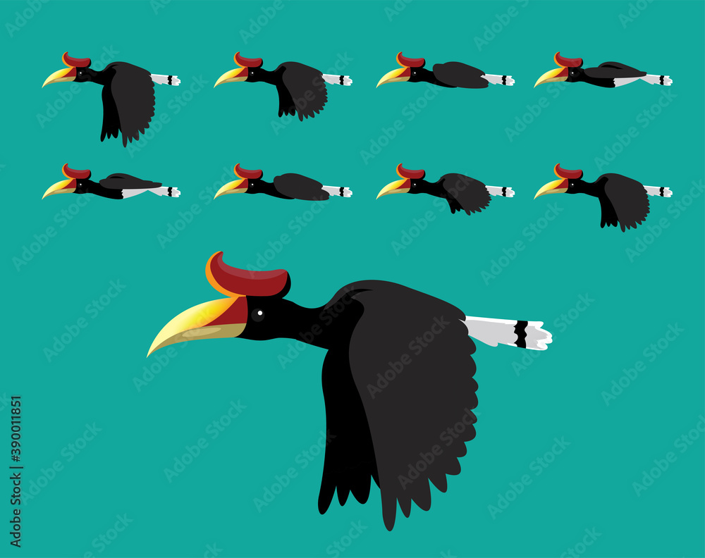 Animal Animation Sequence Rhinoceros Hornbill Flying Cartoon Vector ...