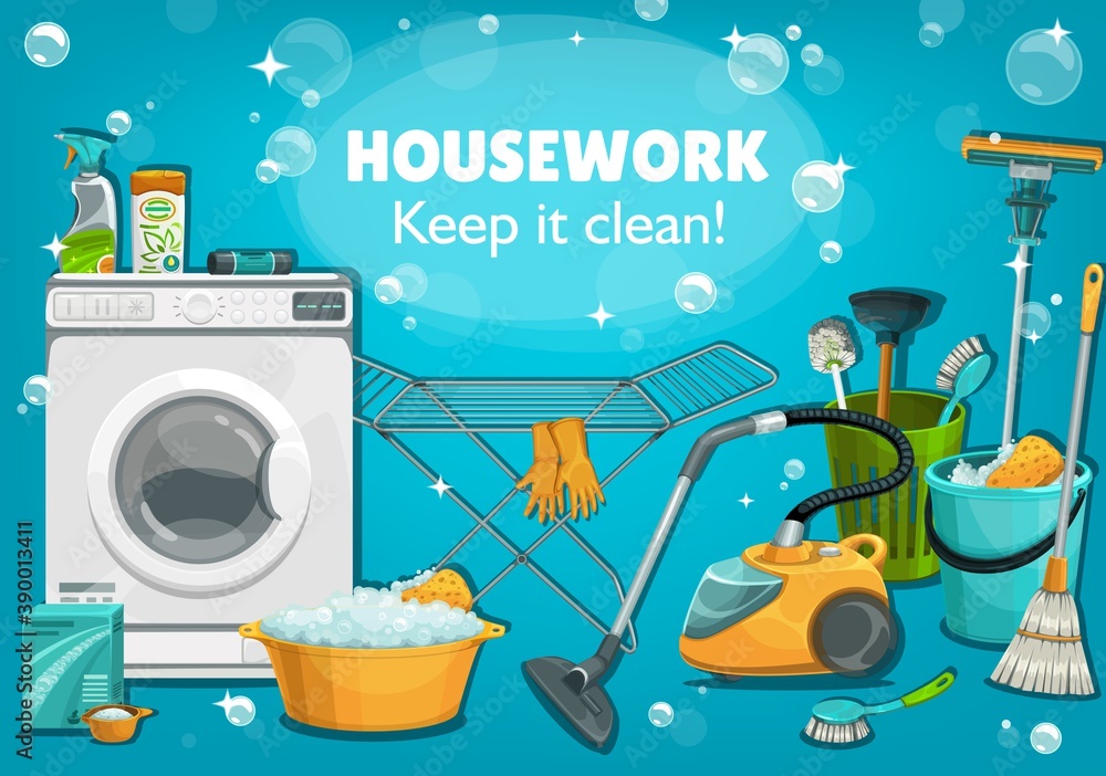 Housework untesils and laundry tools. Vector house cleaning supplies ...