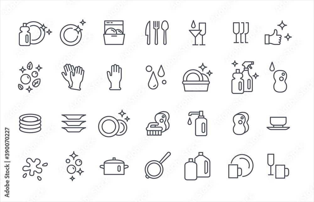 Washing dishes icons thin flat vector set Stock Vector | Adobe Stock