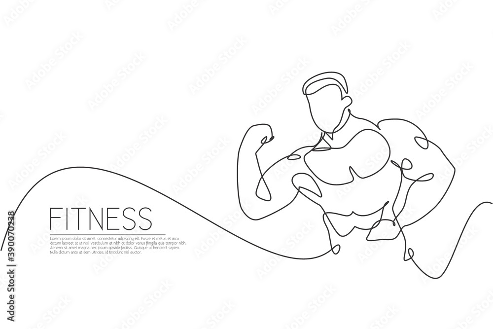 One continuous line drawing young strong model man bodybuilder posed. Fitness center gym logo ...