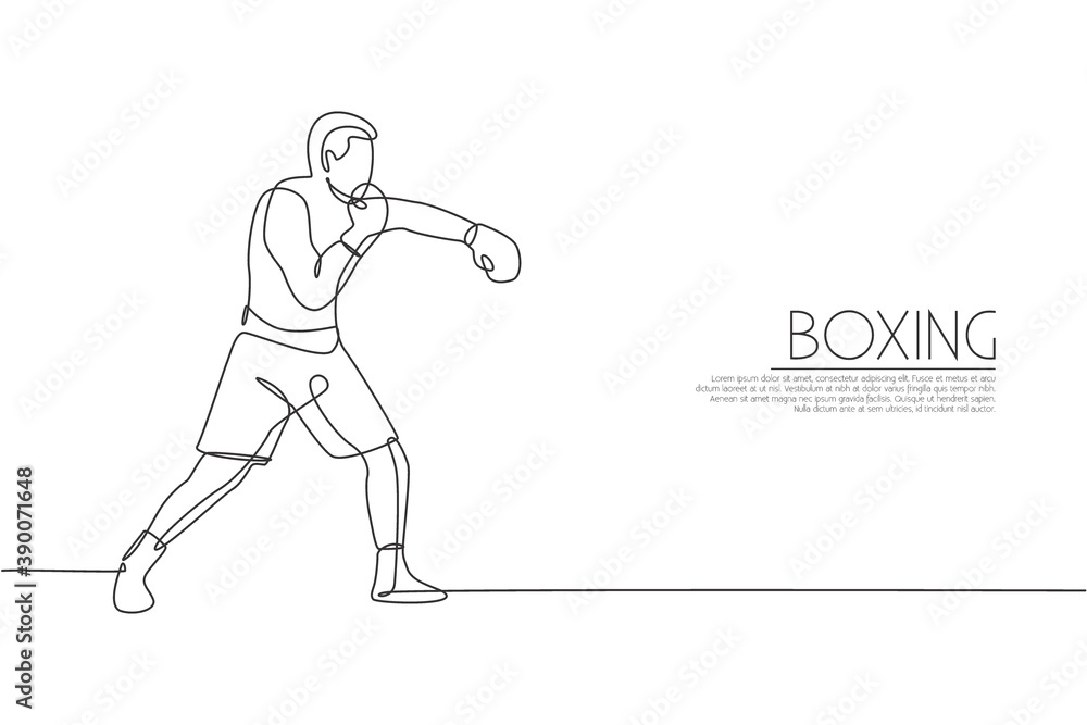 One single line drawing of young energetic man boxer improve his punch ...