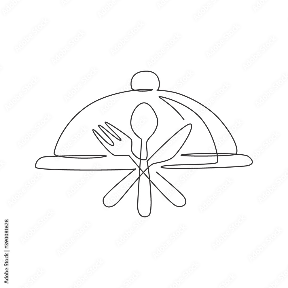 One continuous line drawing of food tray cover cloche with fork, spoon ...