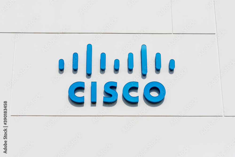 Cisco logo near Cisco headquarters campus in Silicon Valley. The blue ...