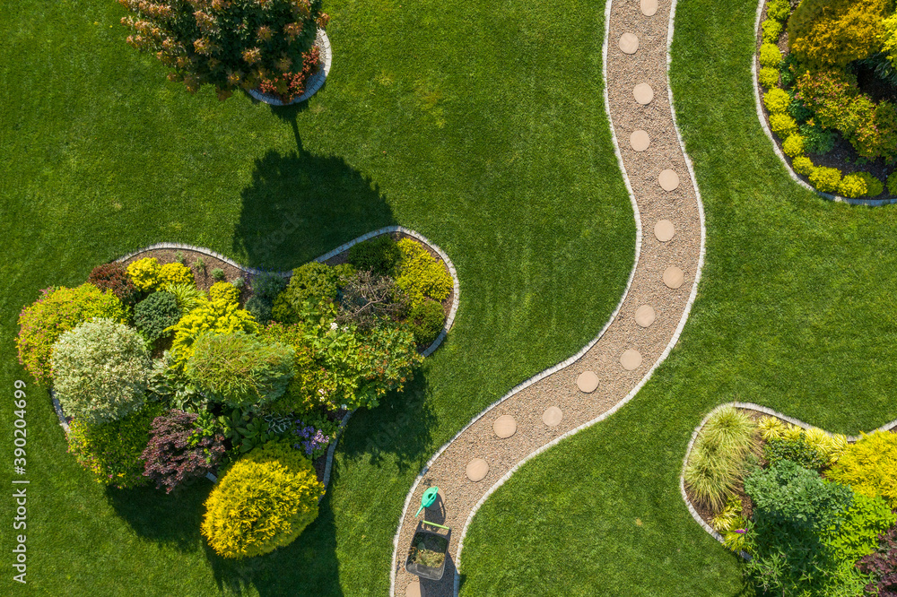Mature Backyard Garden with Large Grass Lawn Aerial Vista Stock Photo ...