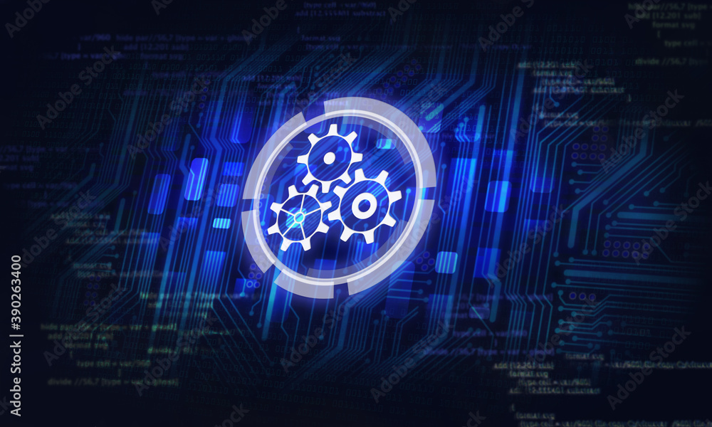 Ilustración de Stock software and hardware development, low-level programming technologies ...