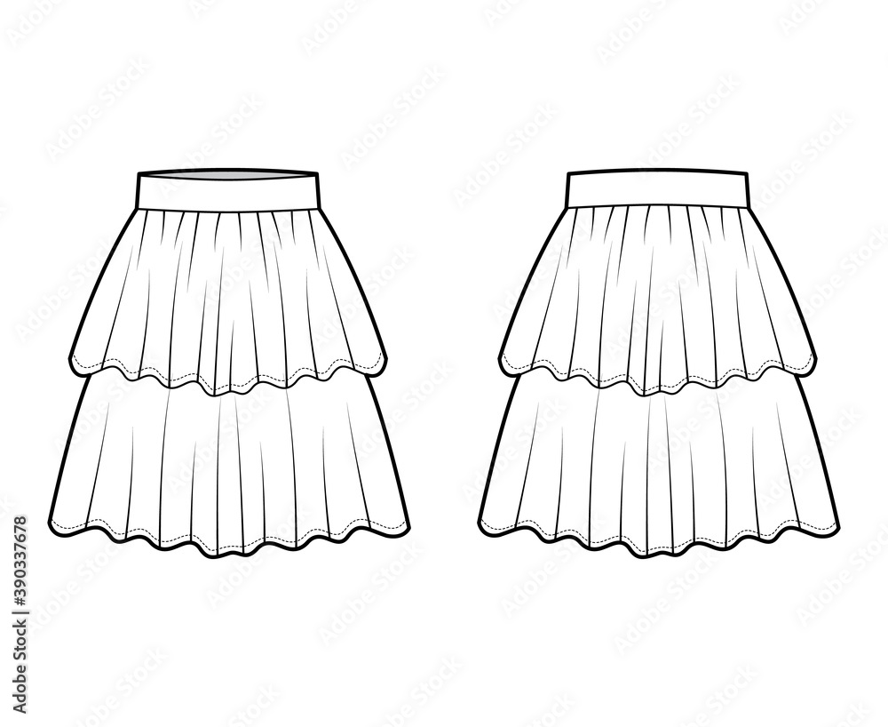 Skirt layered flounce technical fashion illustration with knee length ...