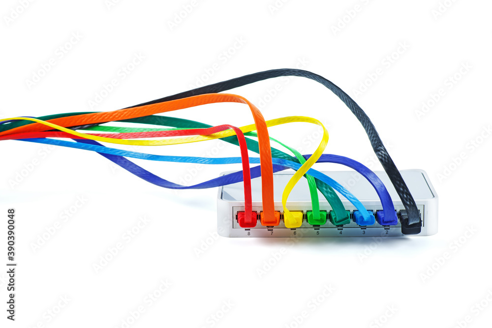 Network switch and colored UTP ethernet cables Stock Photo | Adobe Stock