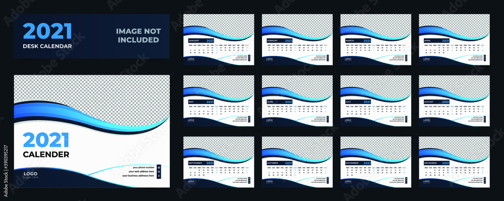 Desk calendar 2021 template. Table calendar 2021 layout, Set of 12 ...