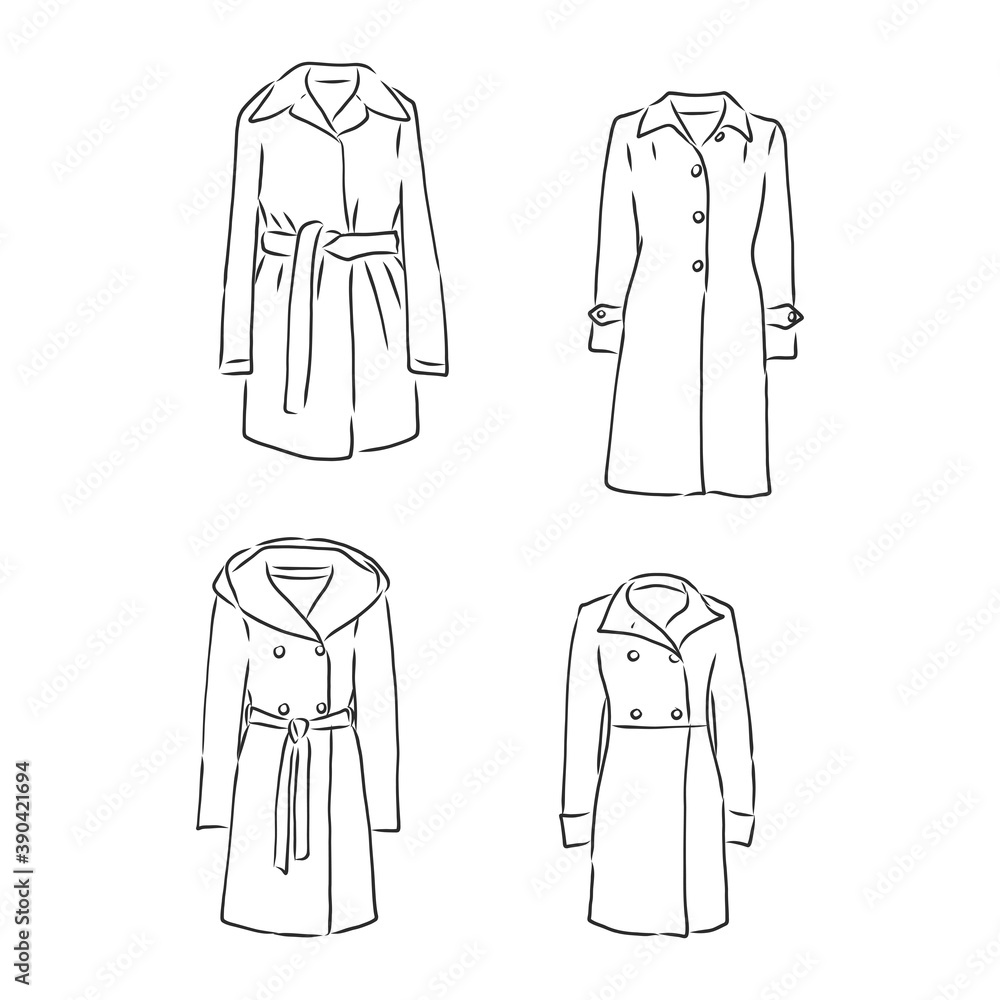 Trench coat icon. Fashion garment symbol. Technical drawing of garment ...