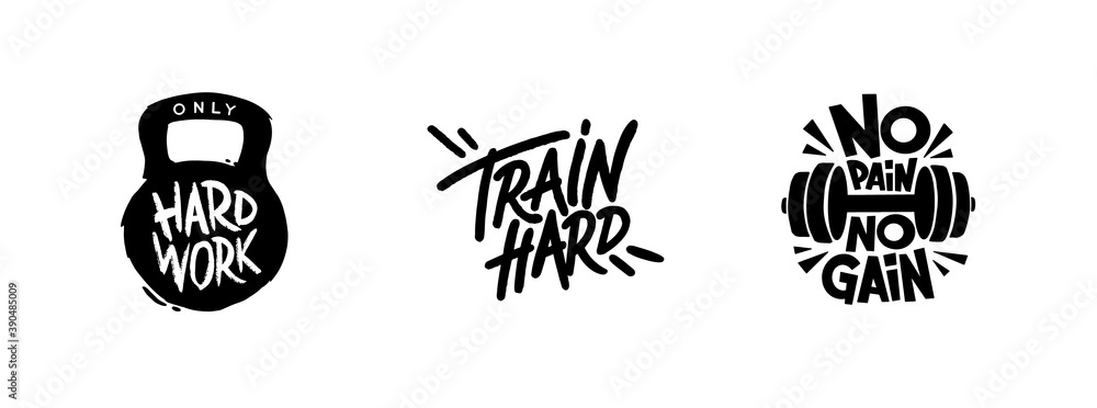 Gym motivation t-shirt print, logo, emblem. Lettering. Hand drawn ...