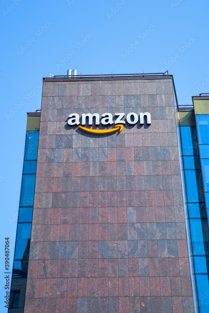 Amazon company logo on office building Stock Photo | Adobe Stock