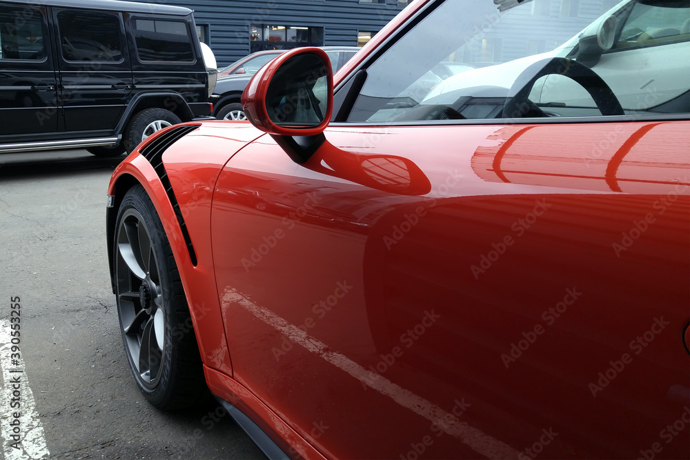 Moscow. Autumn 2018. Orange Porsche 911 GT3 RS On the parking, Racing ...
