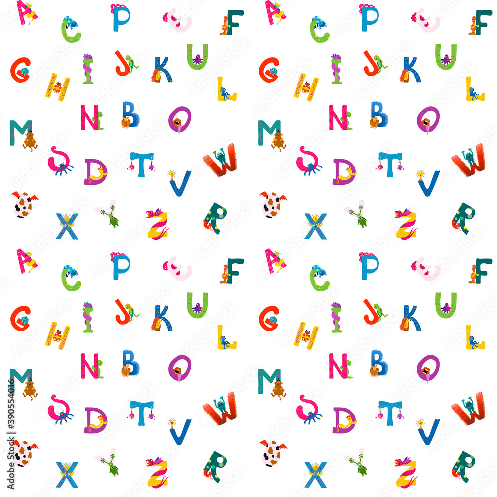 Seamless vector pattern of cartoon alphabet letters. Calligraphy by ...