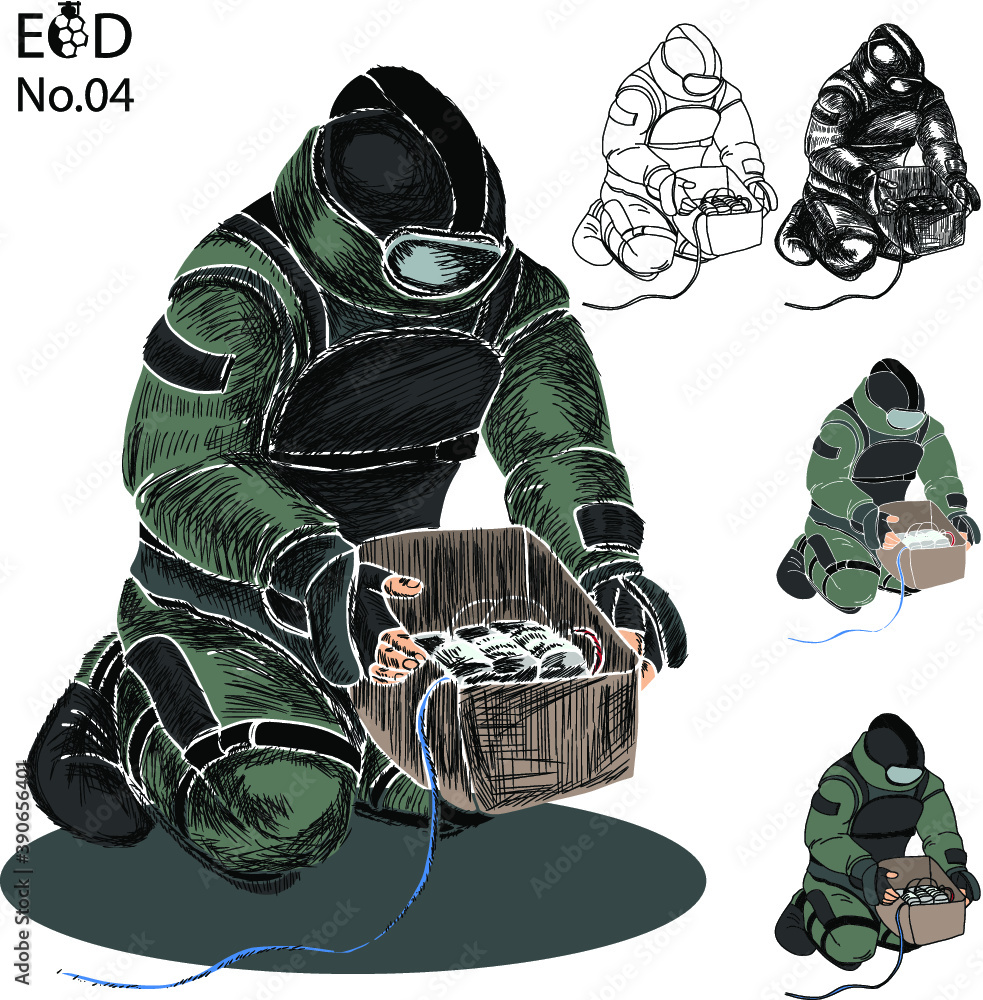 Hand drawn a bomb suit must protect all parts of the body, Soldier in ...