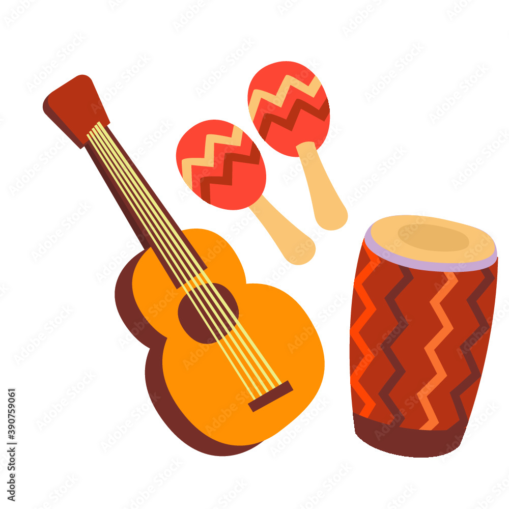 Ethnic musical instruments set: acoustic guitar, maracas and drum ...