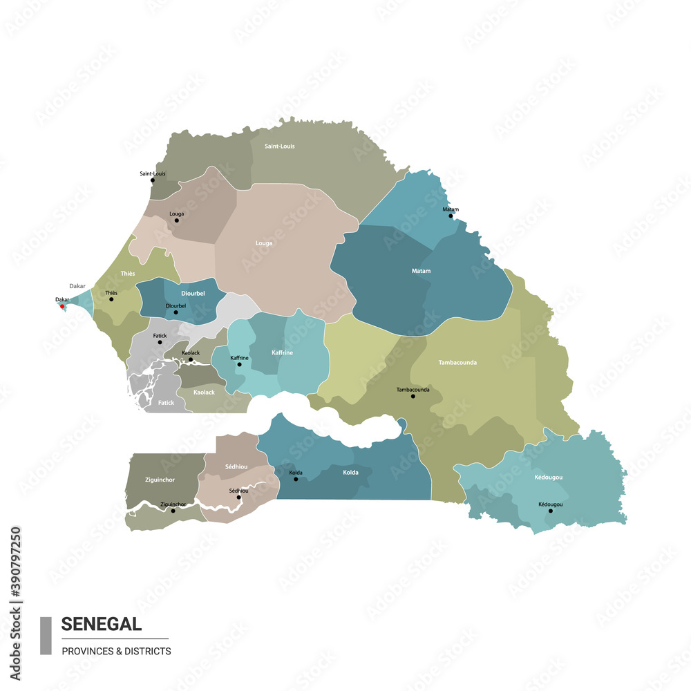 Senegal higt detailed map with subdivisions. Administrative map of ...