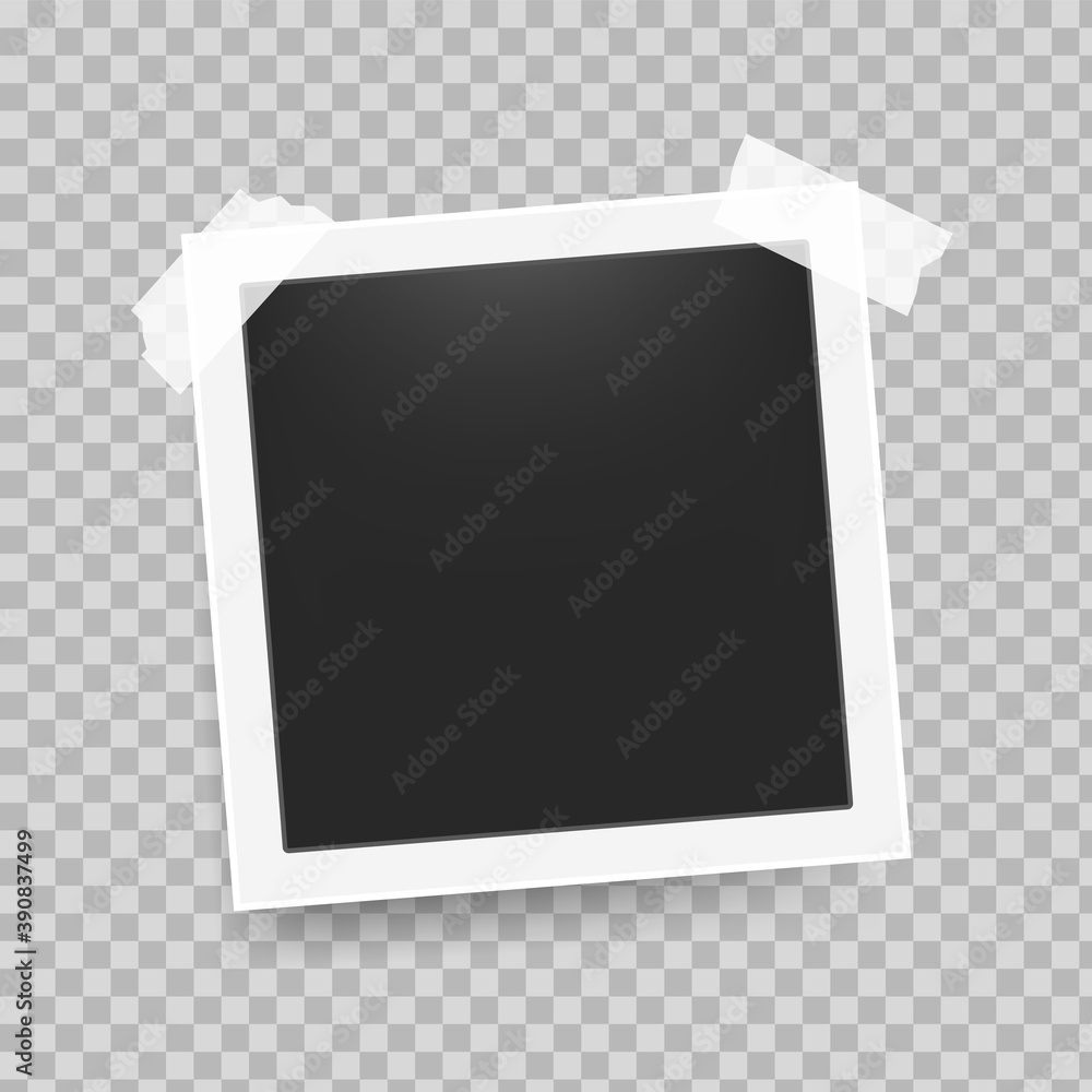 Photo frame with tape. Realistic retro 3D square empty snapshot with ...