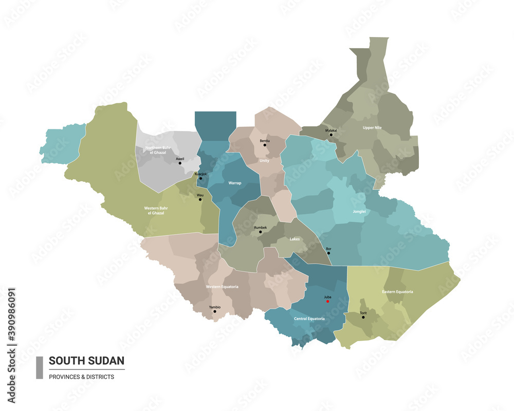 South Sudan higt detailed map with subdivisions. Administrative map of ...