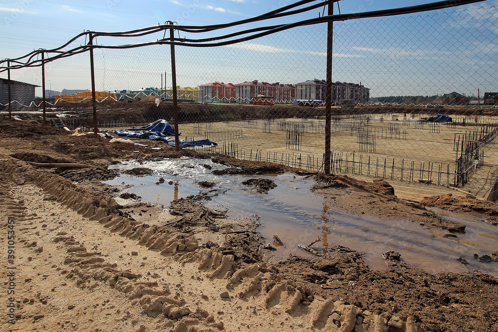 foundation pit for construction of residential building is flooded ...