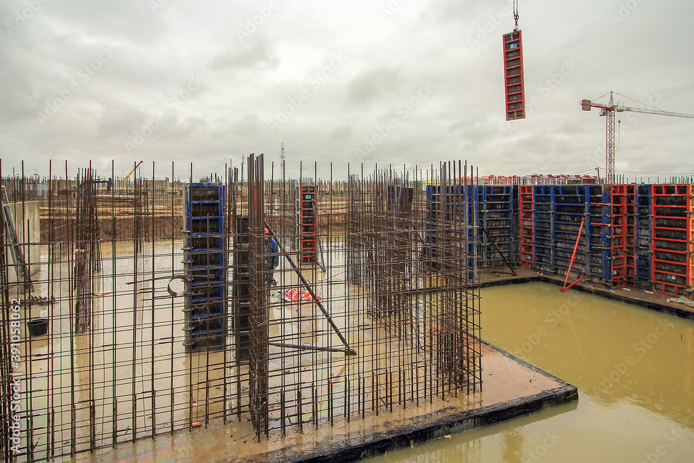 foundation pit for construction of residential building is flooded ...