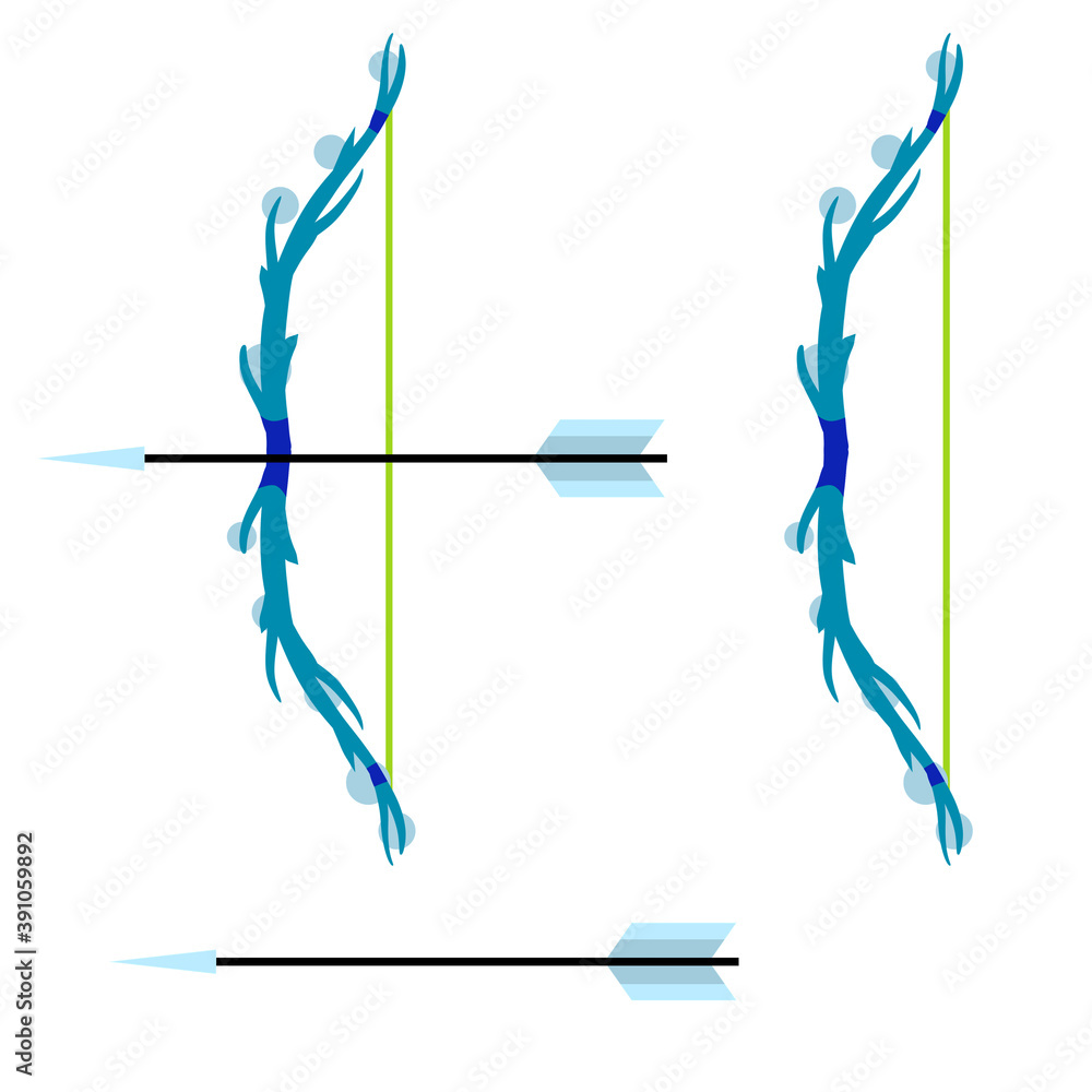 Fantasy blue bow and arrow. Shooting medieval magic weapons. Set of ...