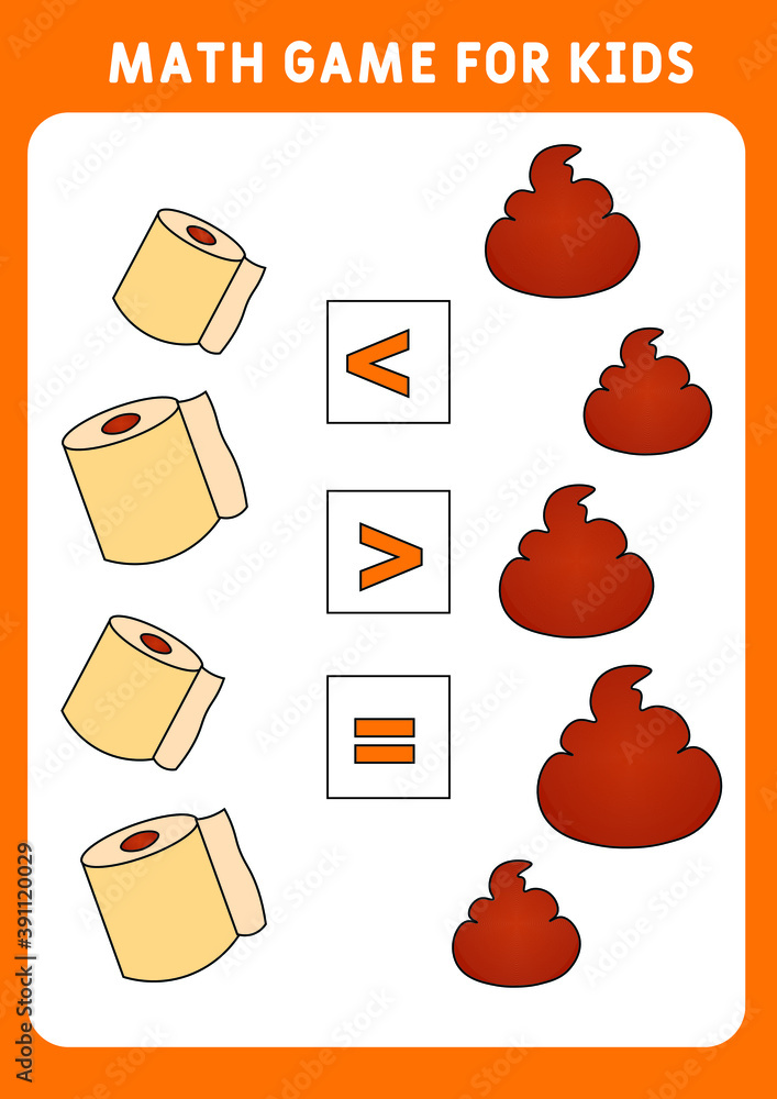 More, less or equal with toilet paper and poop. Math game for preschool ...