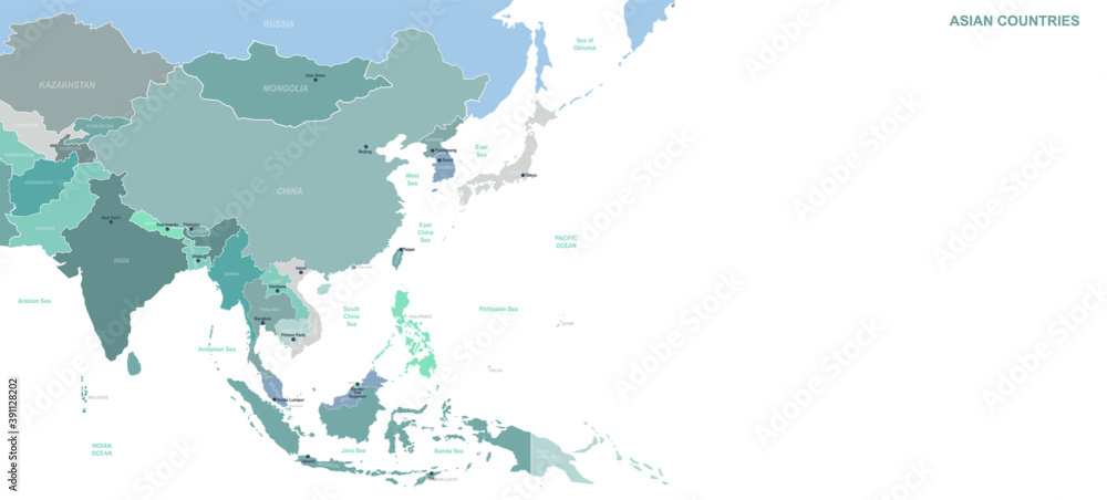 Asian Countries map. Detailed world Map Vector with Country,Capital ...