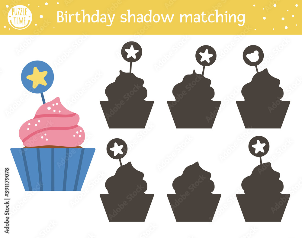 Birthday shadow matching activity for children. Fun puzzle with cute ...