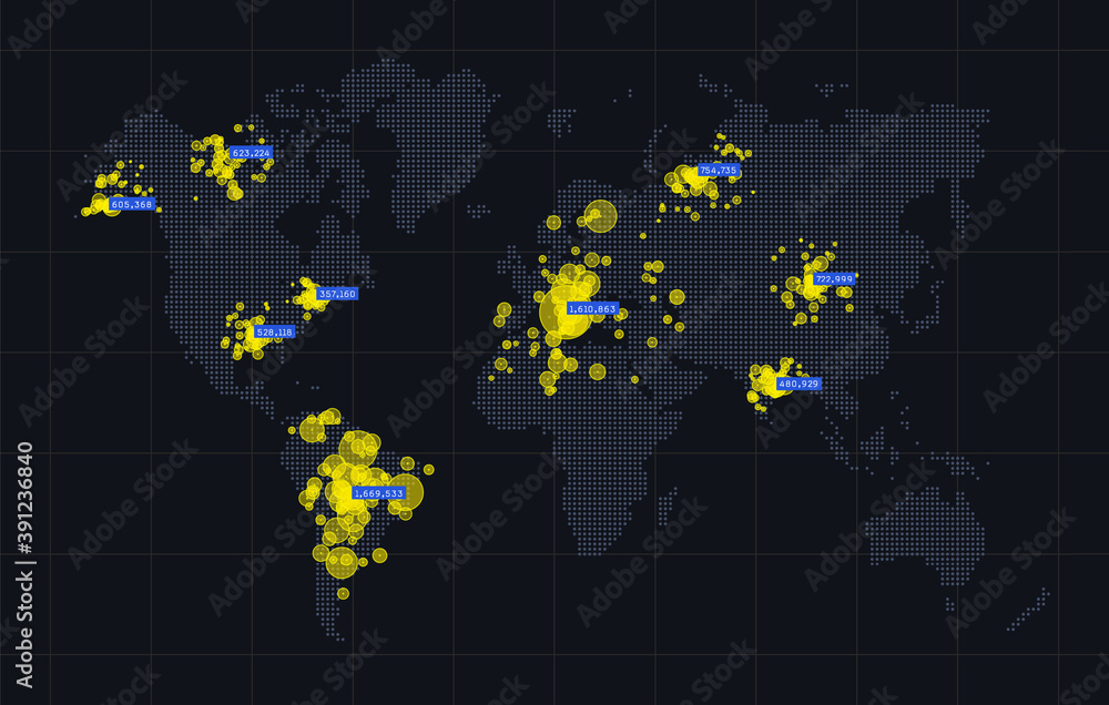 Big data cluster map. Global data. Cluster analysis visualization. Activity world map ...