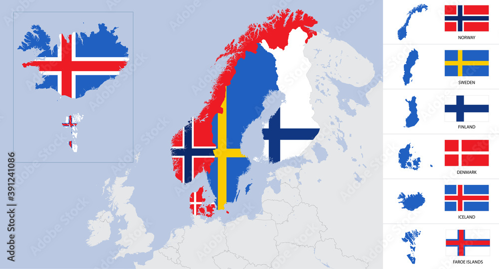 Vector de Stock Vector detailed map and flags of Scandinavia with ...