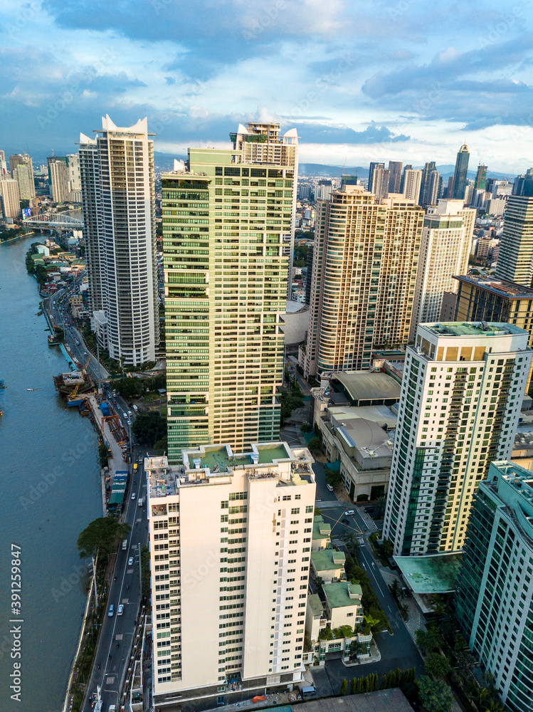 Aerial of the Pasig River, Rockwell Center and part of the Fort ...