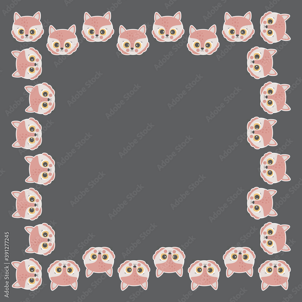 Square frame of cartoon cute fox faces with big yellow eyes, ruddy ...