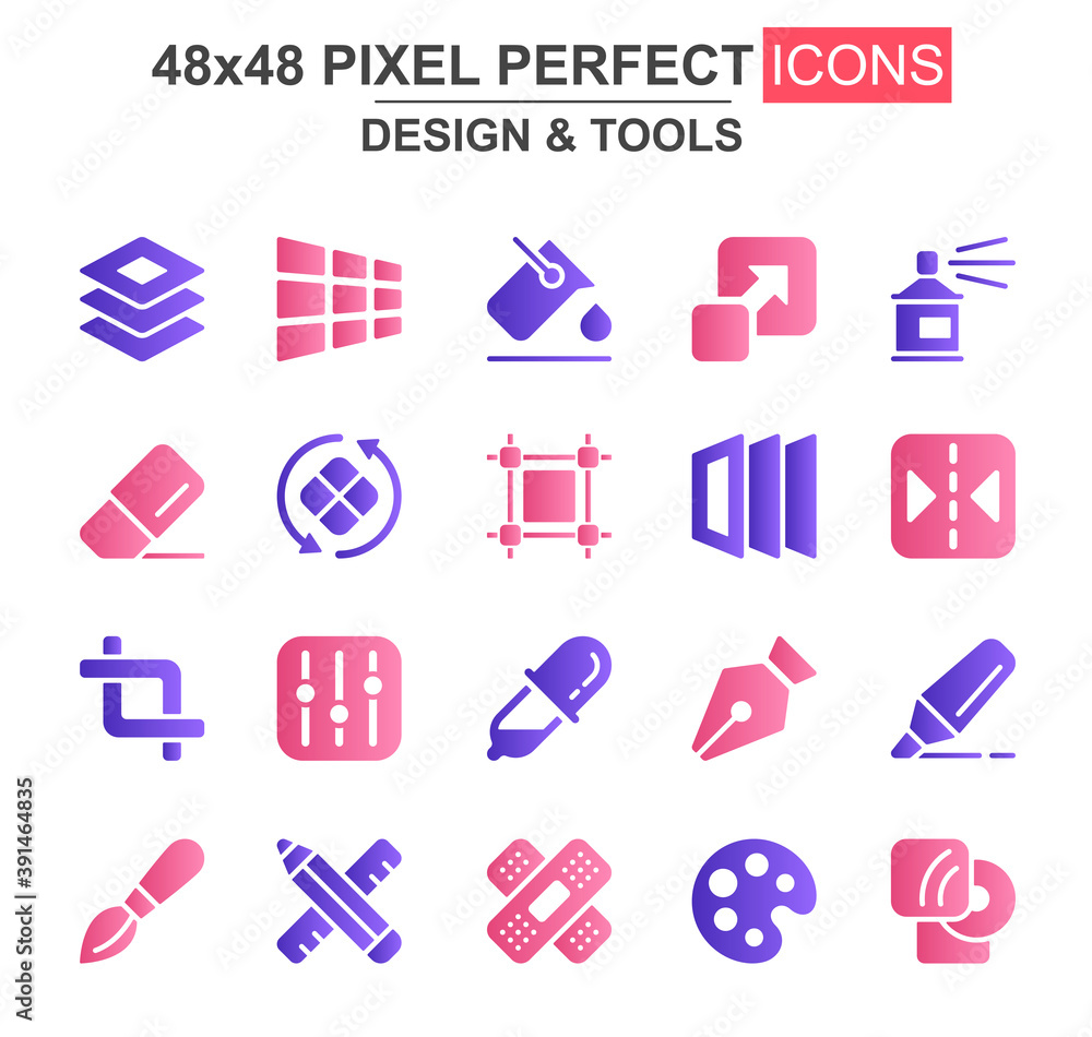Design and tools glyph icon set. Pen, crop, eraser, color palette ...