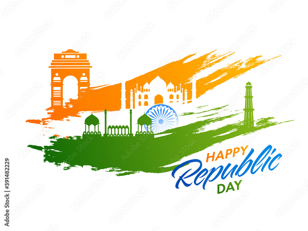 Saffron And Green Brush Stroke Effect Famous Monuments Of India On ...