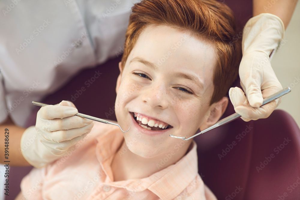 Smiling boy patient and positive woman dentist looking at camera in ...